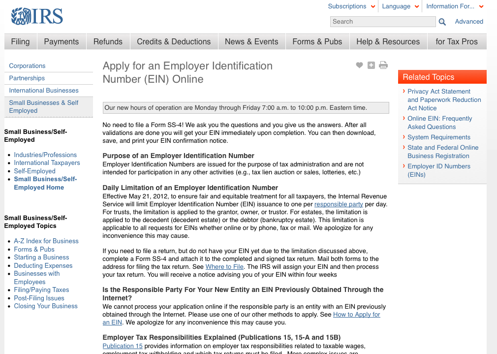 » Employer Identification Number (EIN)